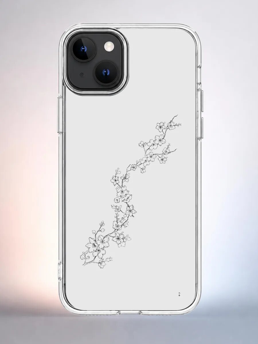 Чехол iPhone 14 скетч сакура силиконовый прозрачный