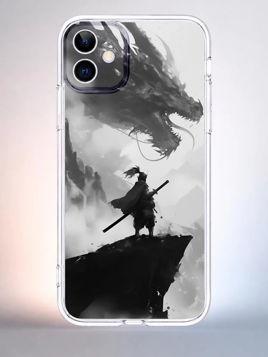 Чехол iPhone 11 Самурай и дракон силиконовый прозрачный