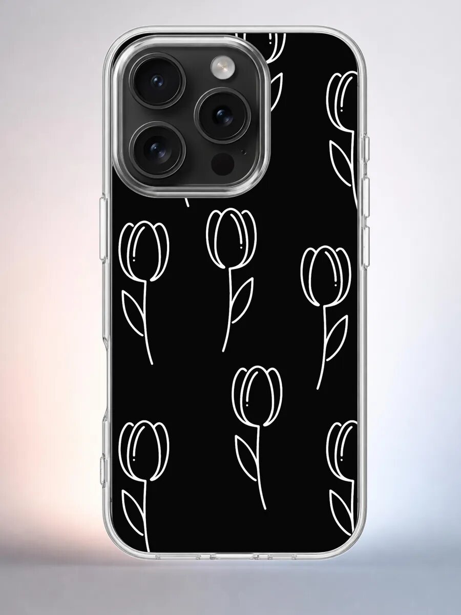 Чехол iPhone 15 Pro тюльпаны узор силиконовый прозрачный