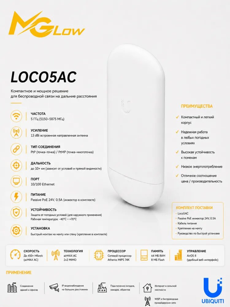 Ubiquiti NanoStation Loco5AC 5 ГГц airMAX AC PtP/PtMP точка доступа для наружной установки беспроводной мост с высоким коэффициентом усиления 13 дБи