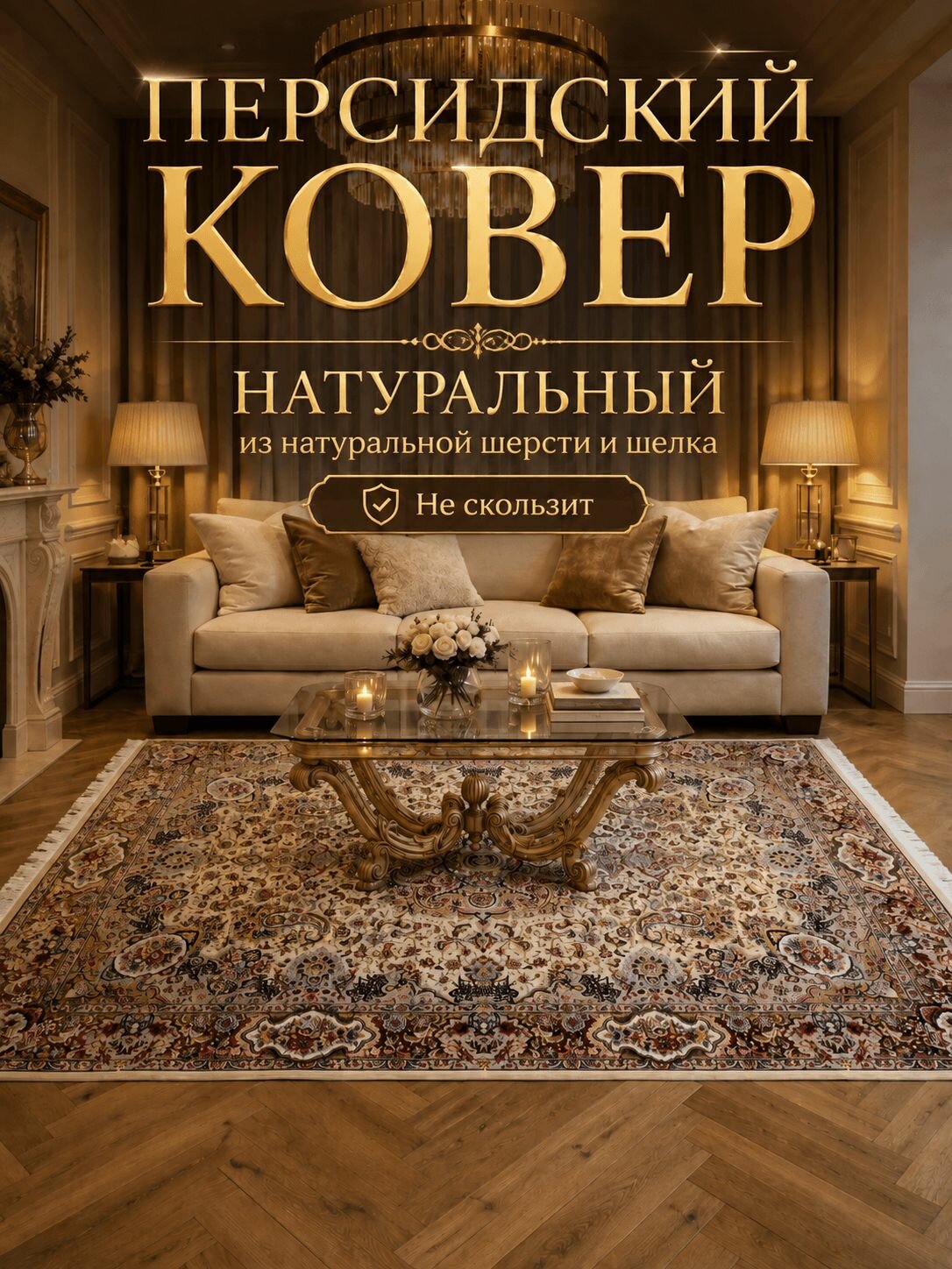 Яркий персидский ковер 200х300 из шерсти и шелка, кремовый с коричневым Иран, GWS4834 cream