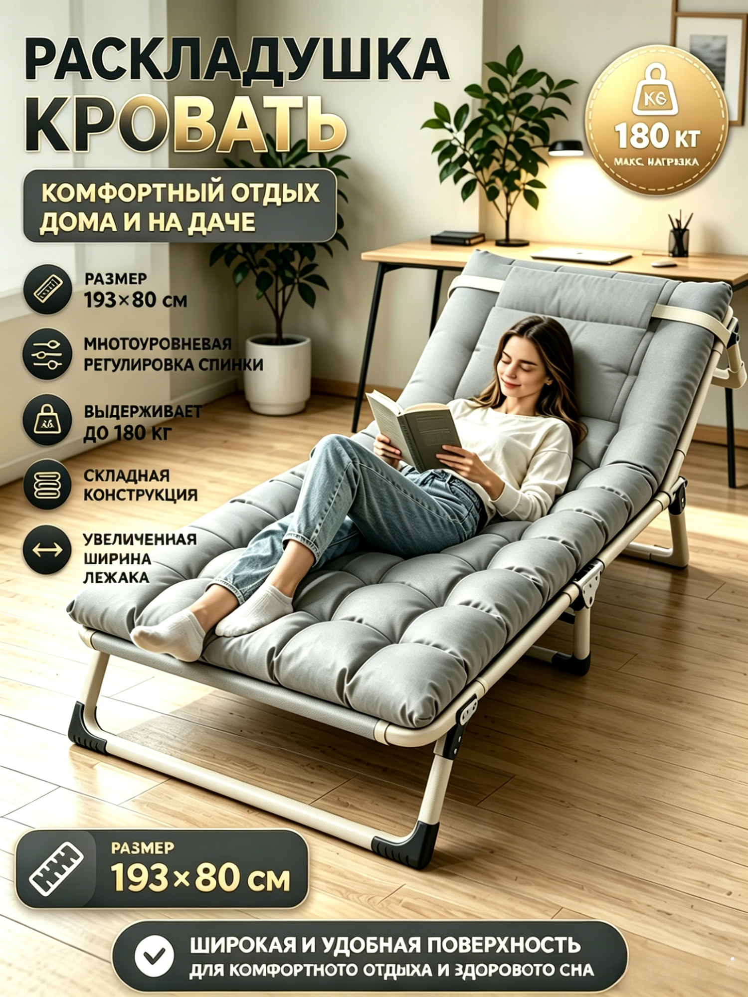 Раскладушка с матрасом взрослая туристическая до 180 кг 190 x 80 x 40 cm