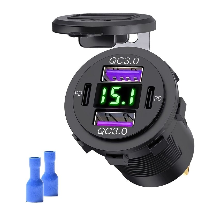 12V автомобильное USB-гнездо с двумя портами PD3.0 и двумя QC3.0, 4-портовый зарядный разъем с вольтметром для лодок, автобусов, грузовиков, гольфкаров, мотоциклов, без аккумулятора, зеленый свет