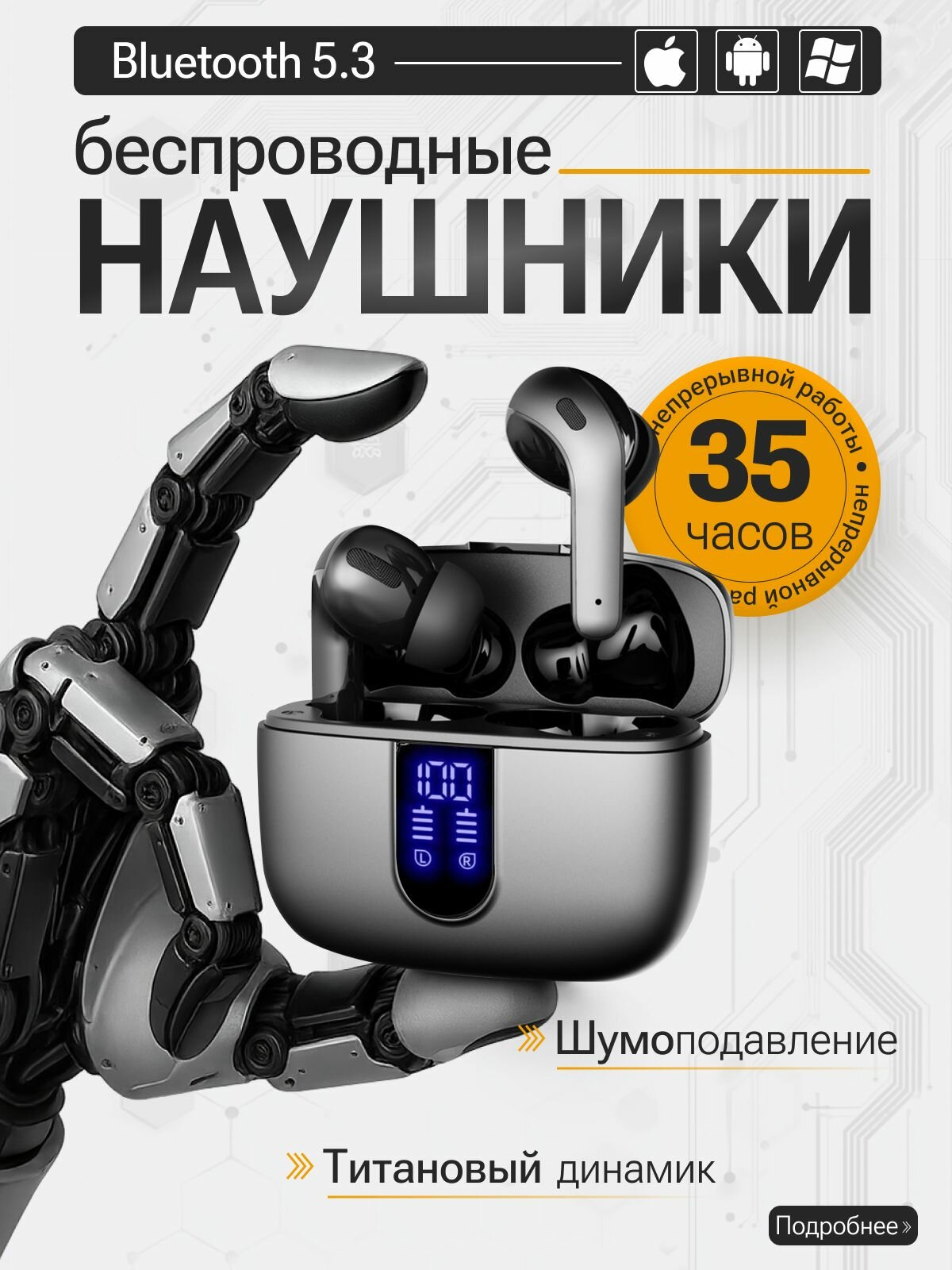 Беспроводные наушники с шумоподавлением, ANC, чёрные, Bluetooth 5.3