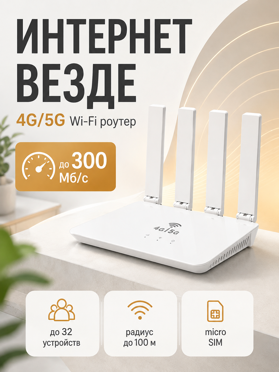 4G Wi-Fi роутер с поддержкой SIM-карты, быстрый мобильный интернет до 300 Мб/с