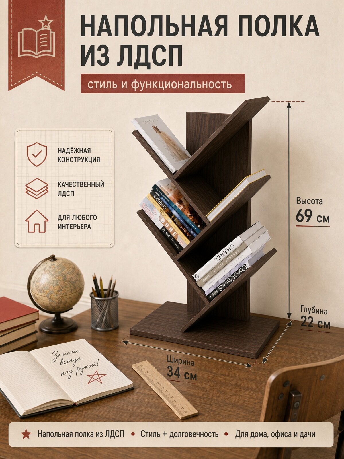 Полка напольная для книг, из материала ЛДСП, 69 см, цвета венге