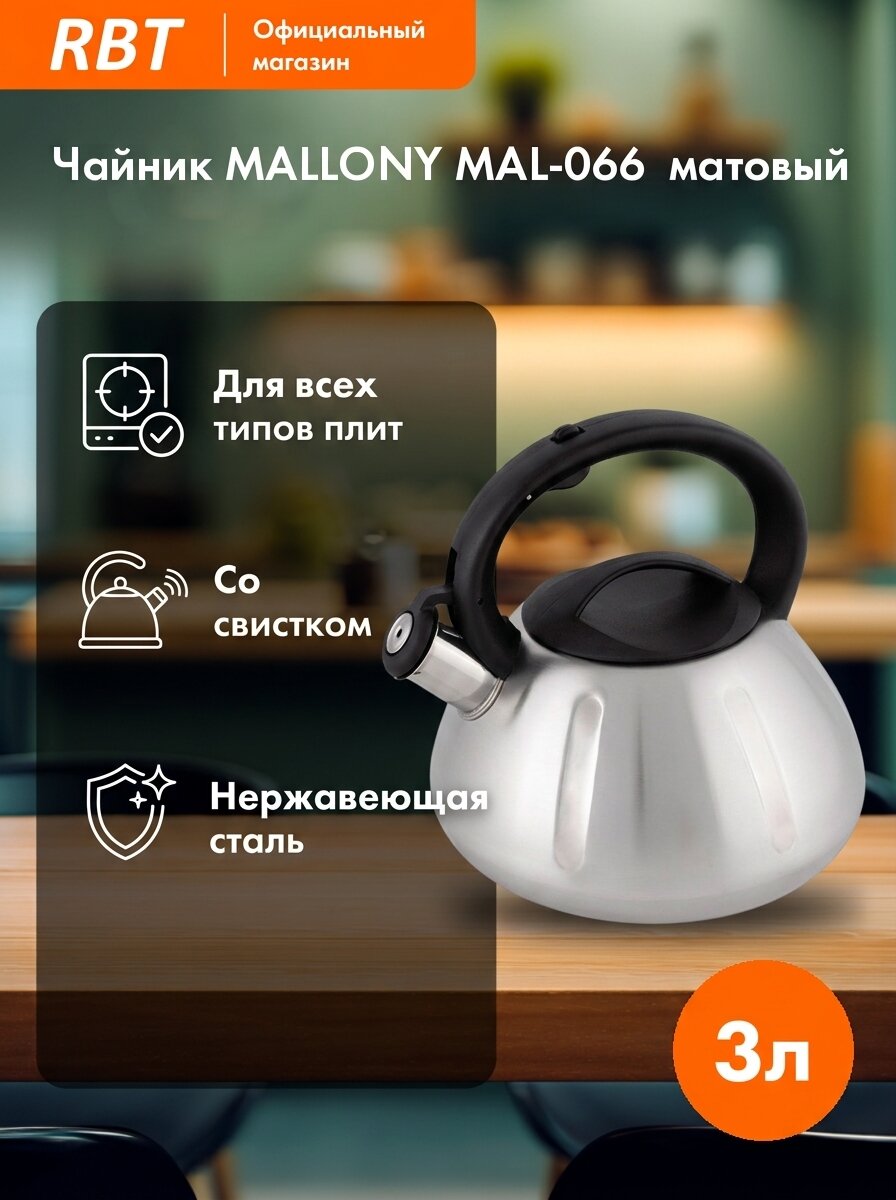 Чайник из нержавеющей стали MALLONY MAL-066, (3 литра, цельнометаллический, матовый, со свистком)
