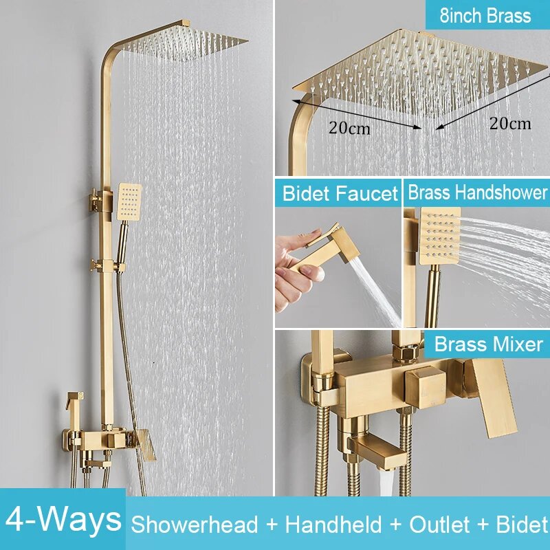 Черный латунный смеситель для душа комплект Дождевой кран для ванны с полочкой для ванной 4 функции Регулируемая высота Смеситель для душа Быстрая доставка