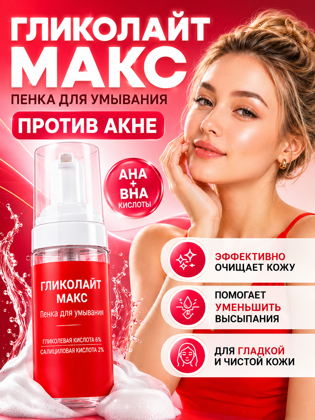 Пенка для умывания от акне, черных точек гликолайт макс с гликолевой и салициловой кислотой 200 мл