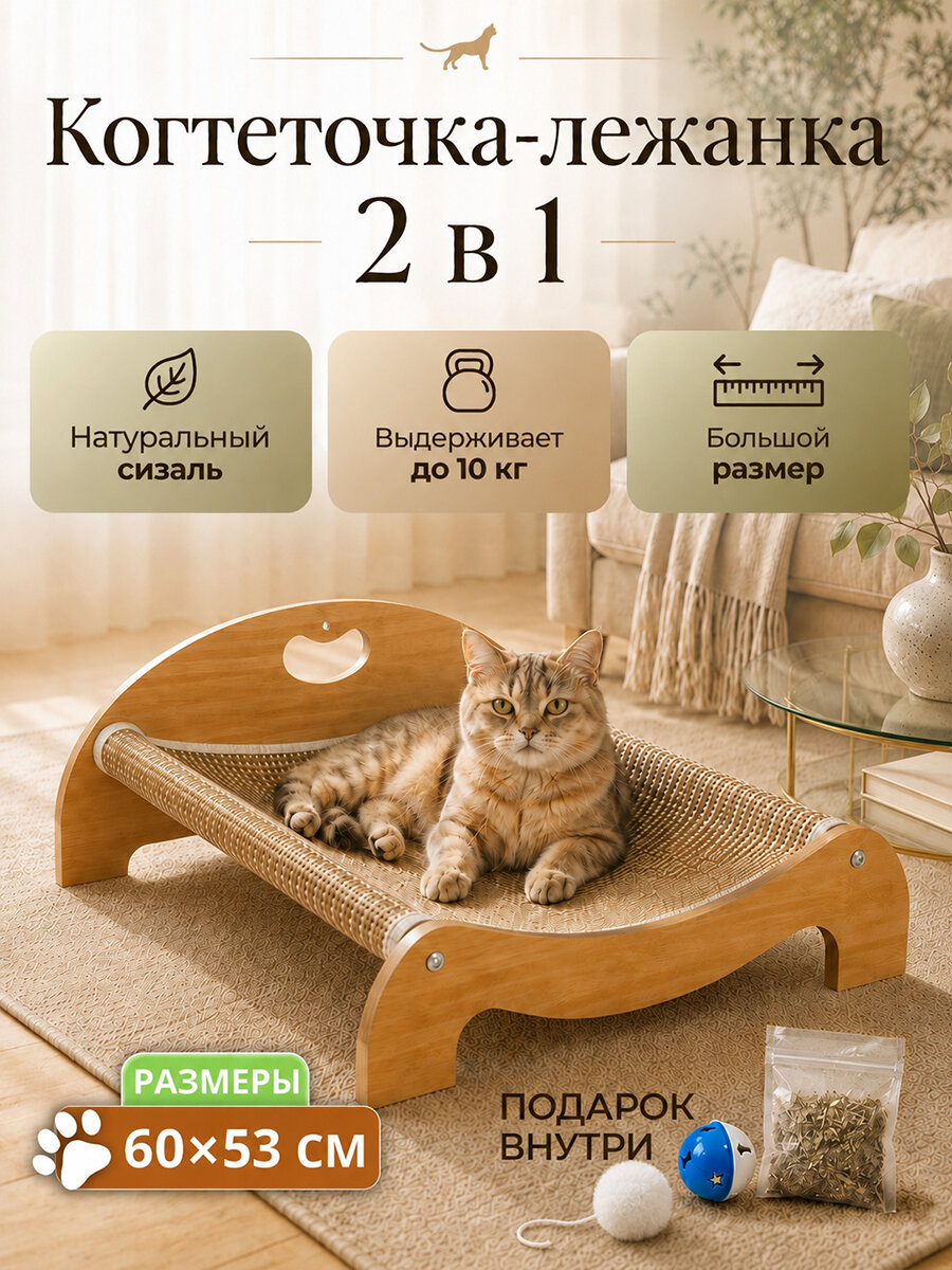 Большая устойчивая когтеточка-лежанка 2 в 1 из сизаля For your Dream