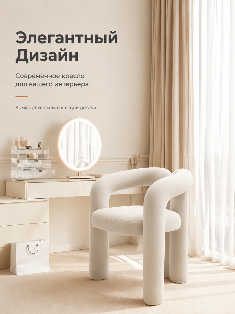 Кресло для макияжа кремовое, текстильное, с спинкой, для спальни и туалетного столика, современный дизайн, 47х47х78 см