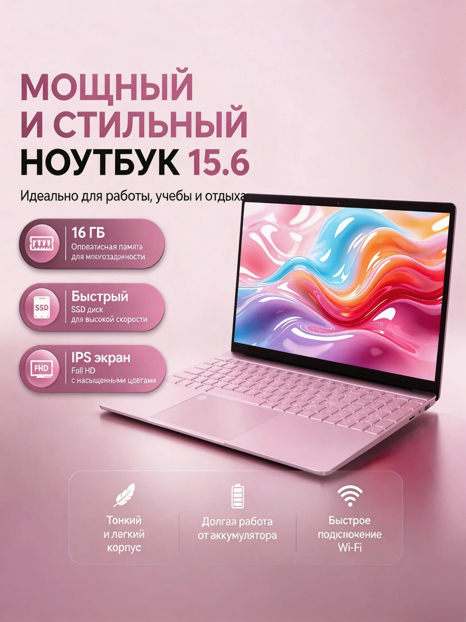 Ноутбук 15,6" Intel Celeron N5095, 16 ГБ LPDDR4 RAM, SSD 512 ГБ , Windows 11 для работы, учёбы и развлечений