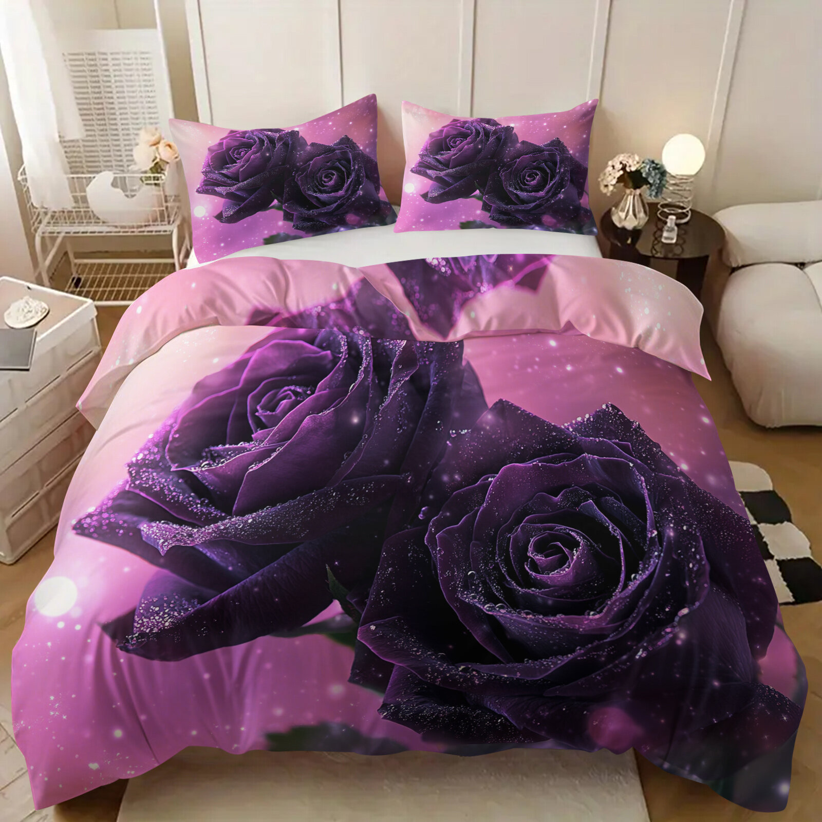 Постельное белье 2-спальное, евро простынь 200x220cm,2 наволочки 70х70, Пурпурная Роза полисатин спальный комплект