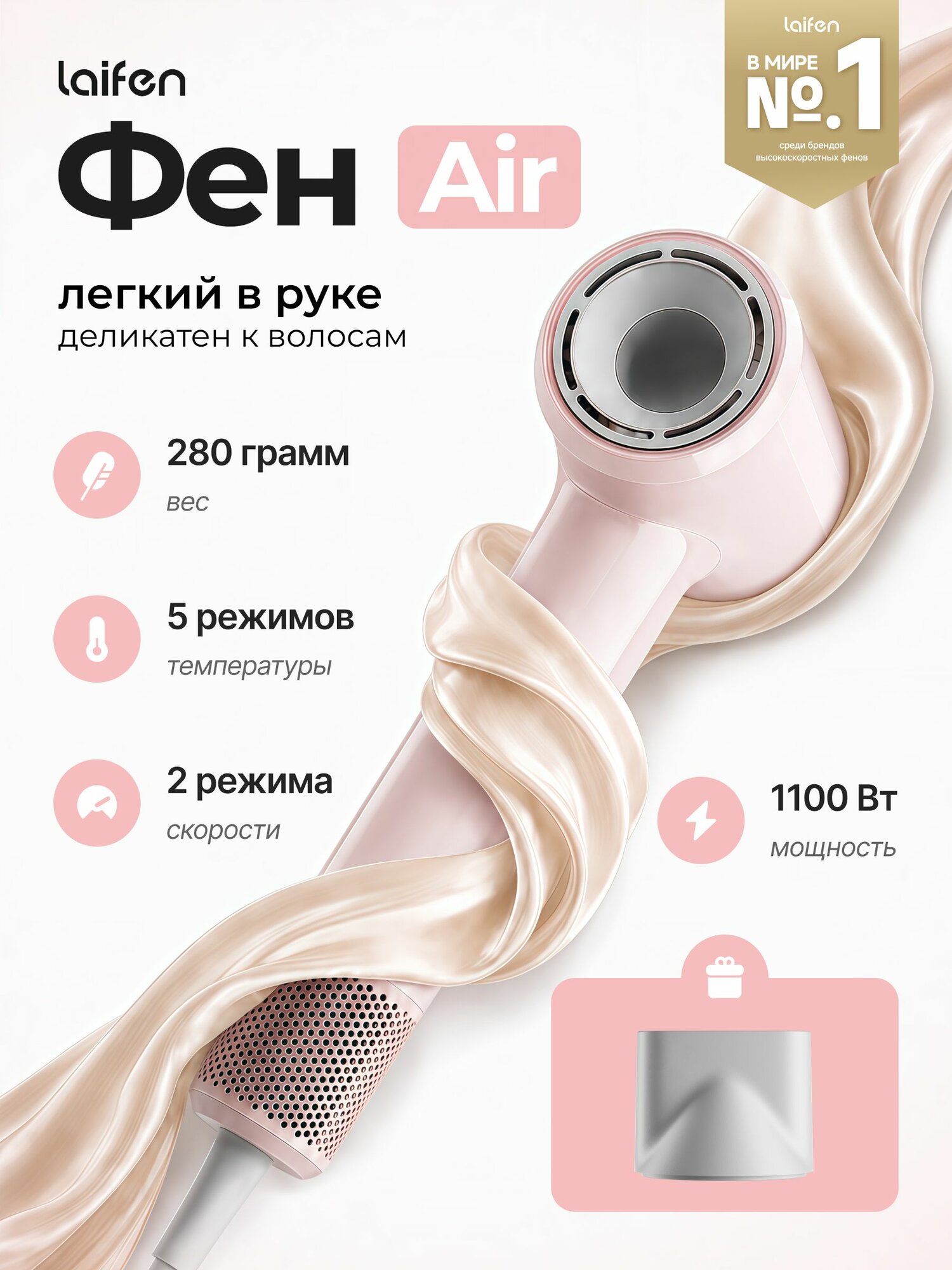 Фен для волос Laifen Air, с функцией ионизации, термозащита, быстрая сушка, легкий, 1100 Вт, Розовый