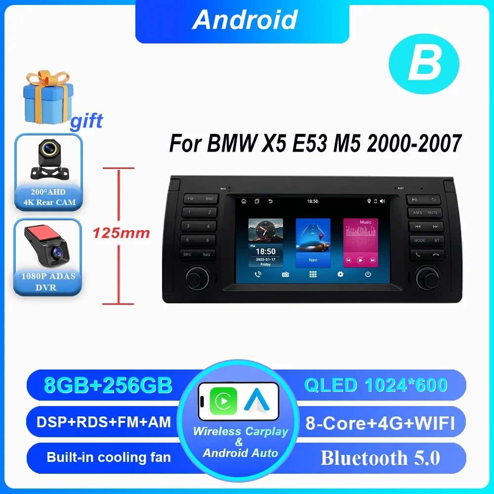 7-дюймовый беспроводной CarPlay Android Auto радио для BMW 5 серии E39 X5 E53 M5 B 8-256G DVR