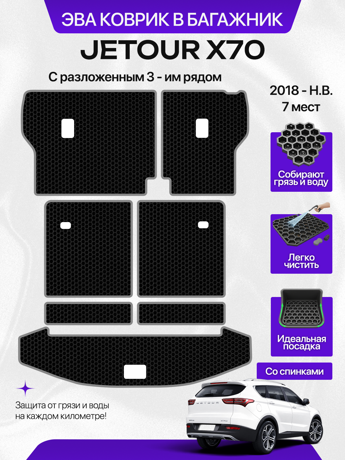 Эва коврик в багажник и на спинки сидений для JETOUR X70 2018-н. в. 7 мест, С разложенным 3-им рядом, черный с серым кантом ( Джетур Х70 , Жетур Х 70 , Джетур Икс 70 ) Eva, Ева
