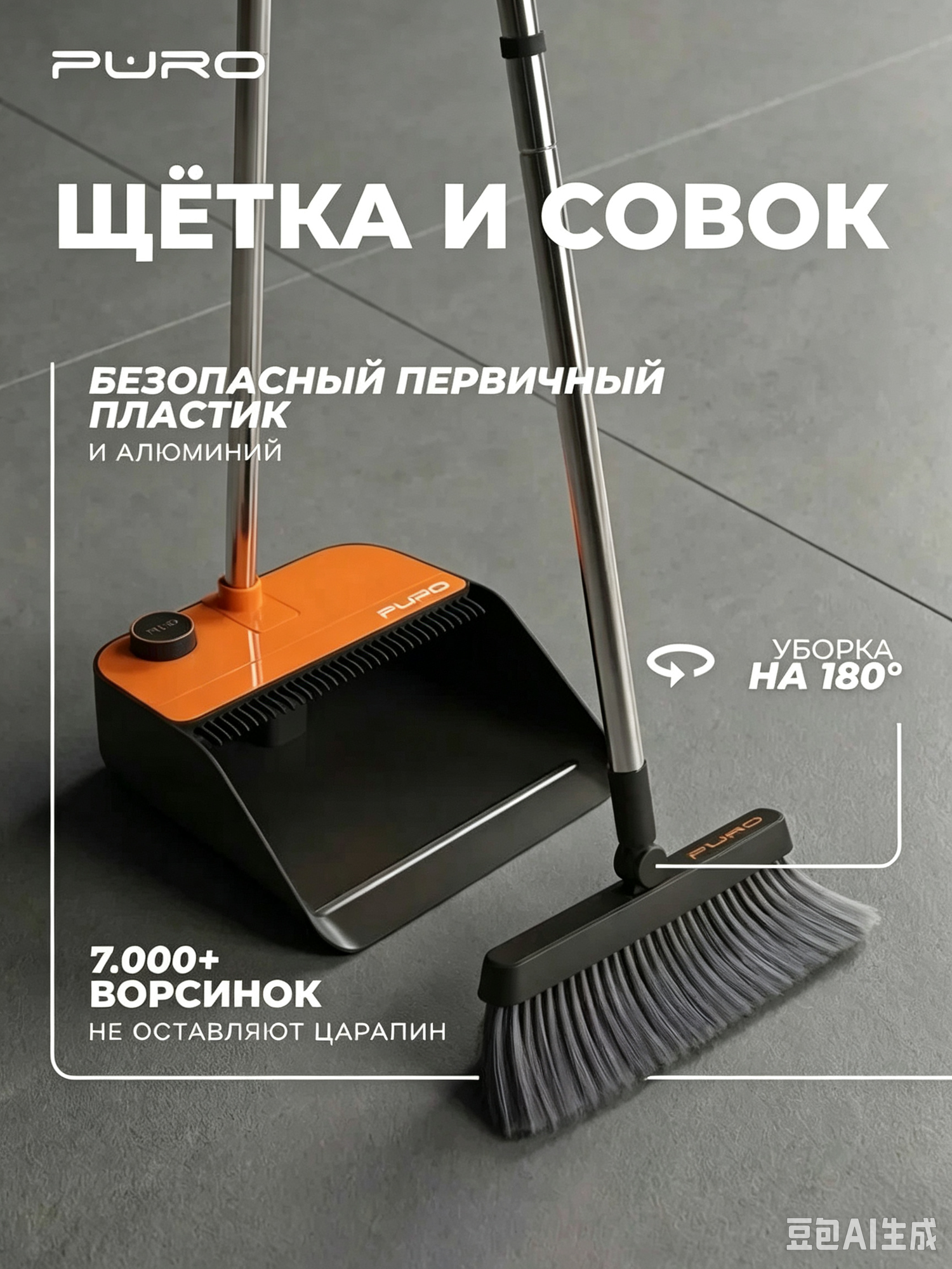 Веник с совком для уборки PURO Бэйс, совок и щетка для уборки