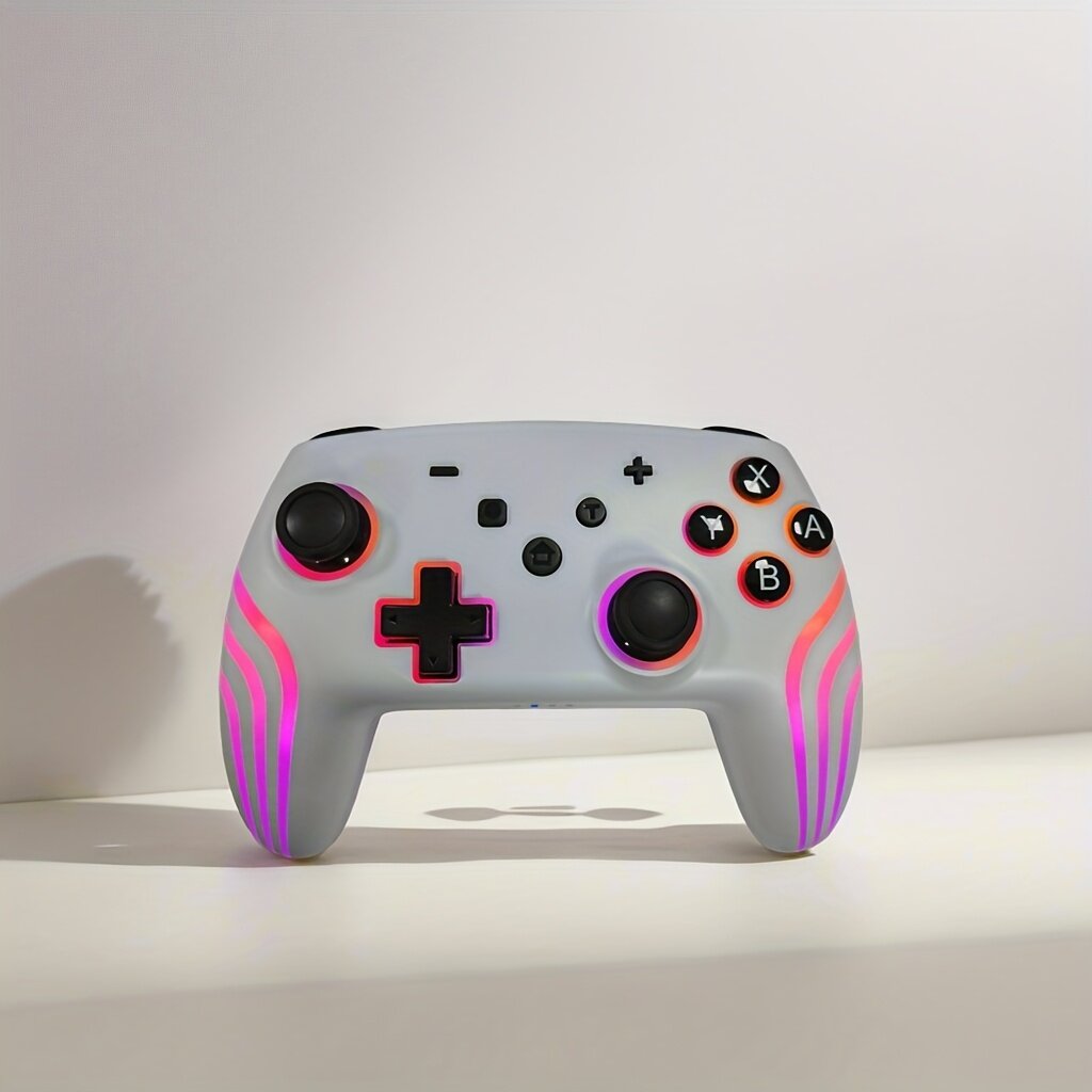 Беспроводной игровой контроллер белый с цветной RGB подсветкой, двойной вибрацией, 6-осевым гироскопом, функцией турбо и пробуждения, эргономичный дизайн