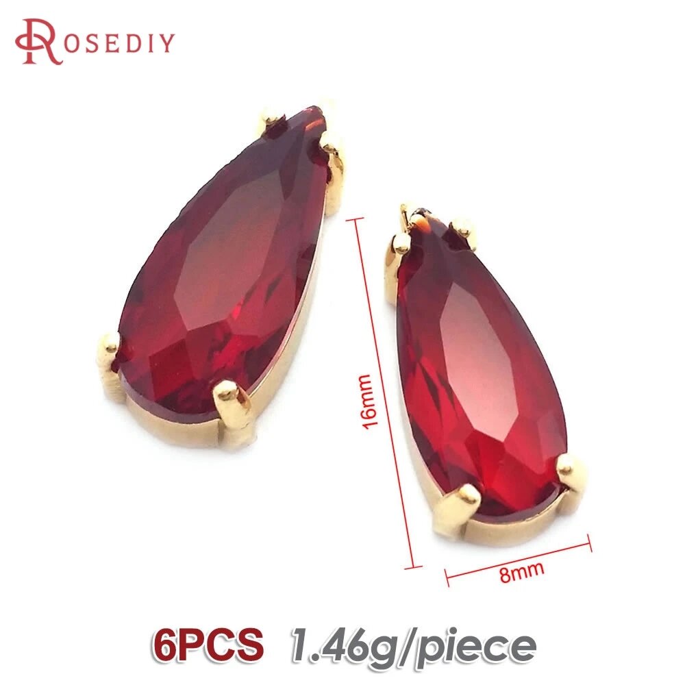 Rosediy Золотые латунные подвески-капли с стеклом 6 шт. Красный, 37997-Deep Red