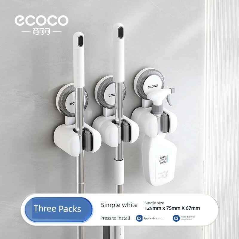 Ecoco Сушионный крепеж для швабры настенный для ванной, комплект из 3 шт. простой белый