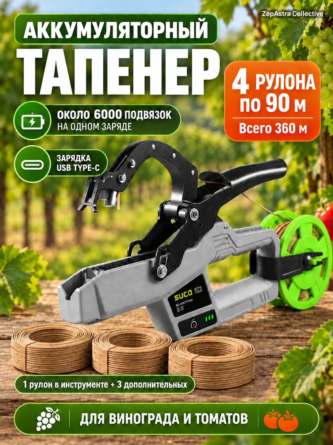 Тапенер для посадки растений 42 см, ширина рабочей части 32 мм, ABS пластик и нержавеющая сталь, светло-зеленый