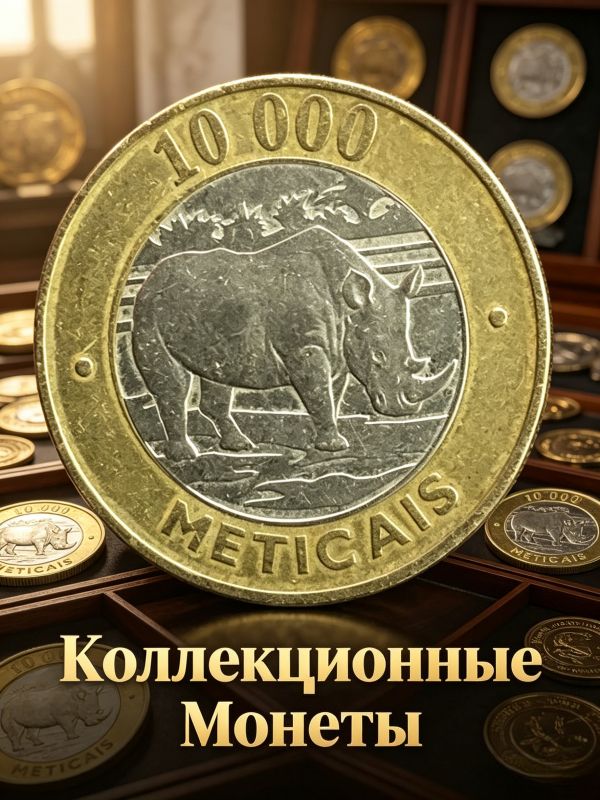 Монета с животным, черный носорог, двухцветная, Мозамбик, старая, 10000 метикалов, 1 шт