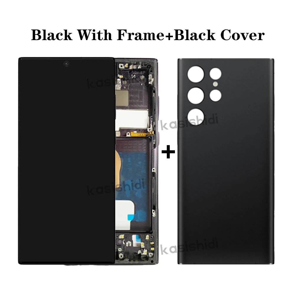 Samsung S22 Ultra OLED дисплей в сборе, черный с рамкой и крышкой