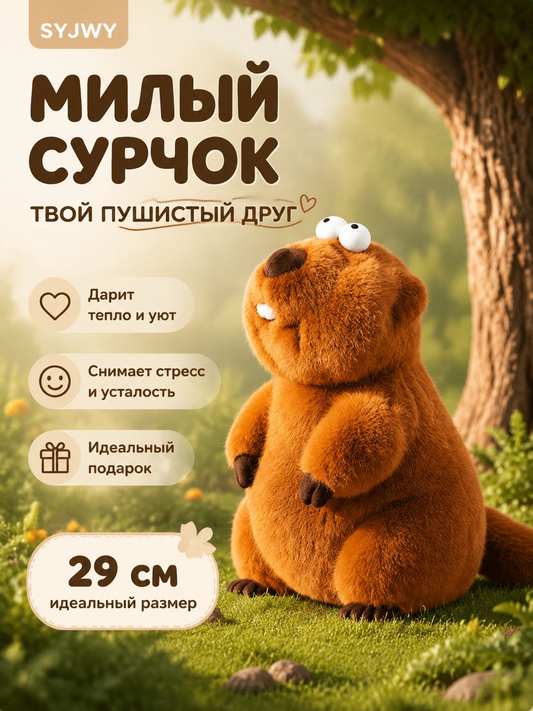 Плюшевая игрушка сурок коричневого цвета, реалистичный дизайн грызуна, мягкий материал для тактильной игры