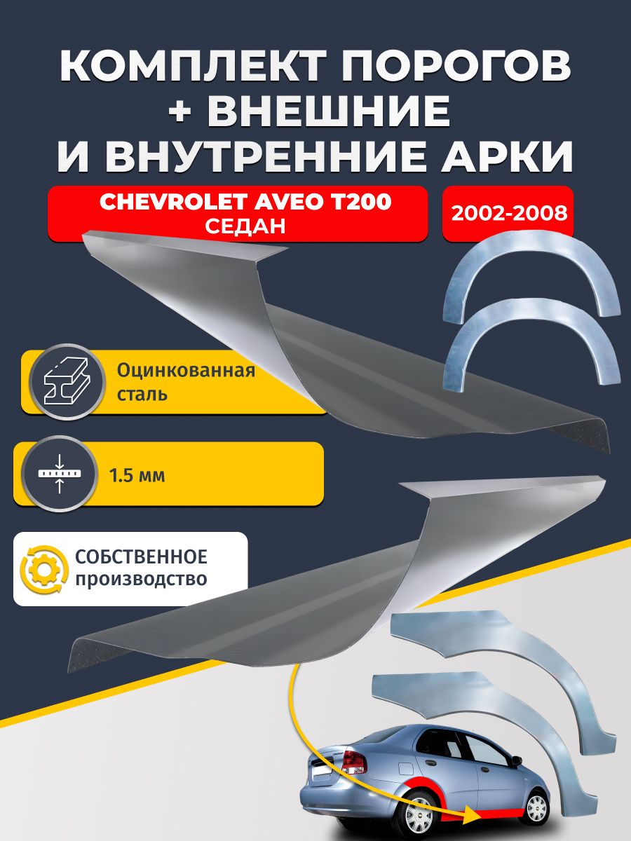 Комплект ремонтных задних внешних и внутренних арок (0,8 мм) + комплект стандартных ремонтных порогов , на Chevrolet Aveo T200 2002-2008 седан (Авео Т200) Оцинкованная сталь 1.5 мм