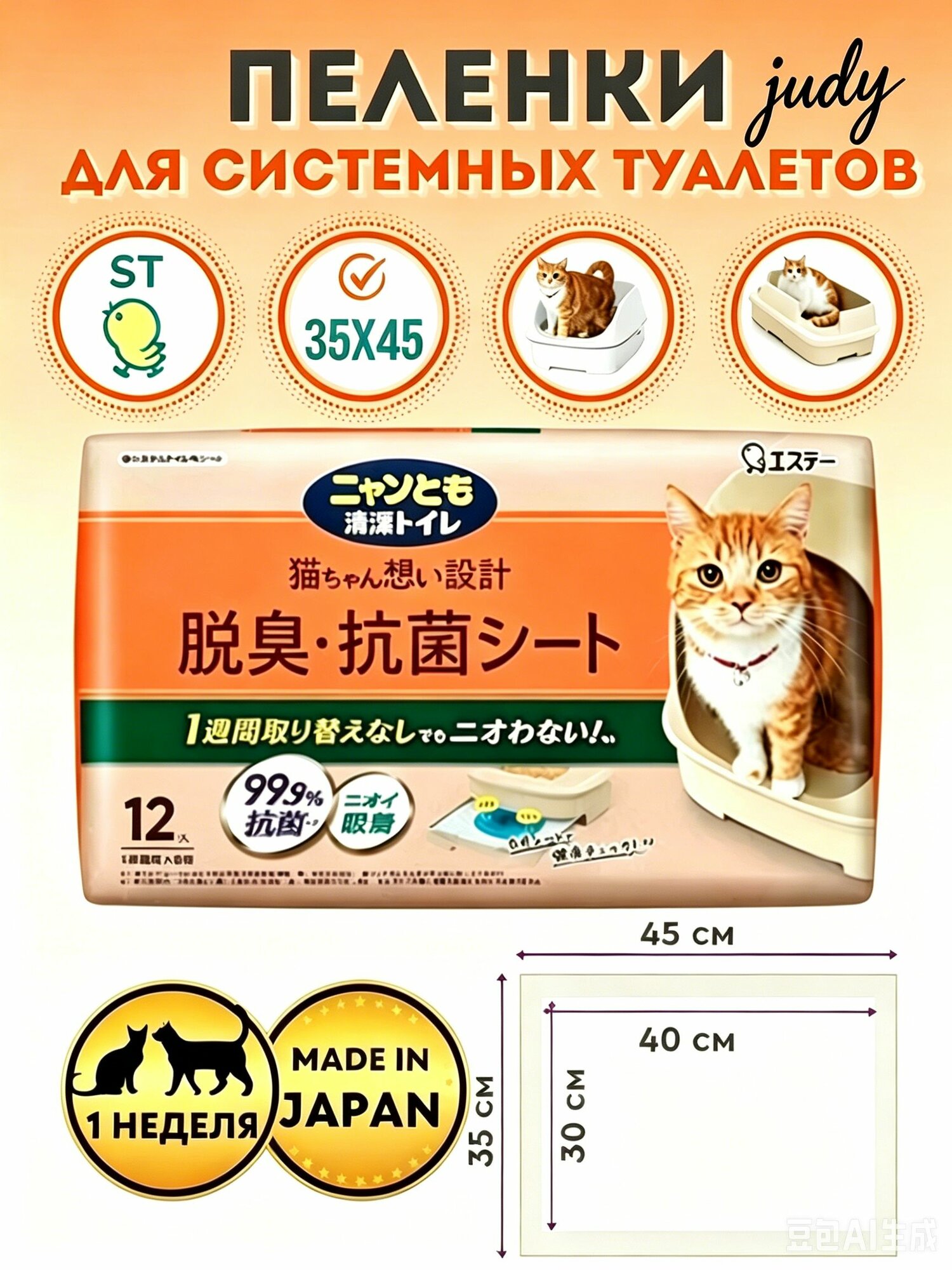 Пеленки для системного туалета недельные, для 2-ух и более кошек, 12 шт.