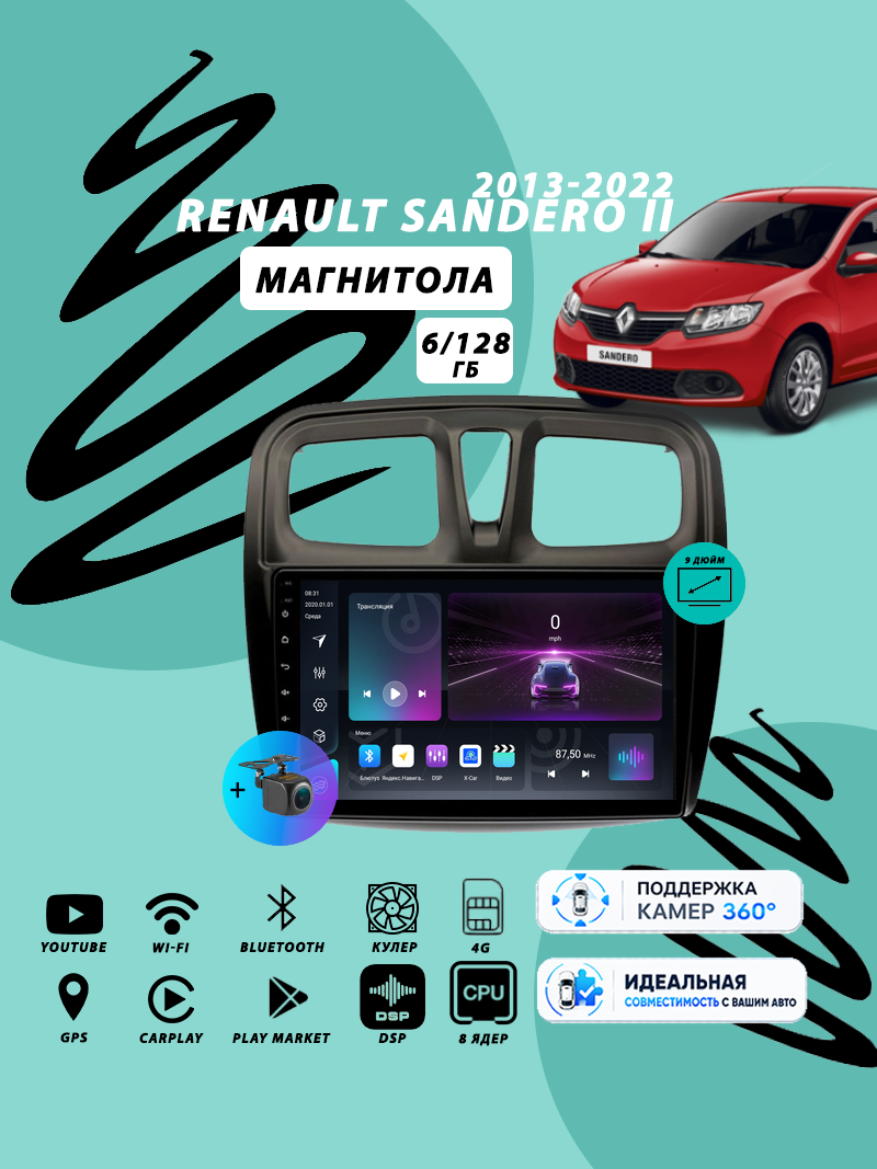 Магнитола Renault Sandero 2 (2013-2018) 6ГБ+128ГБ 4G/Android/360/8 ядер