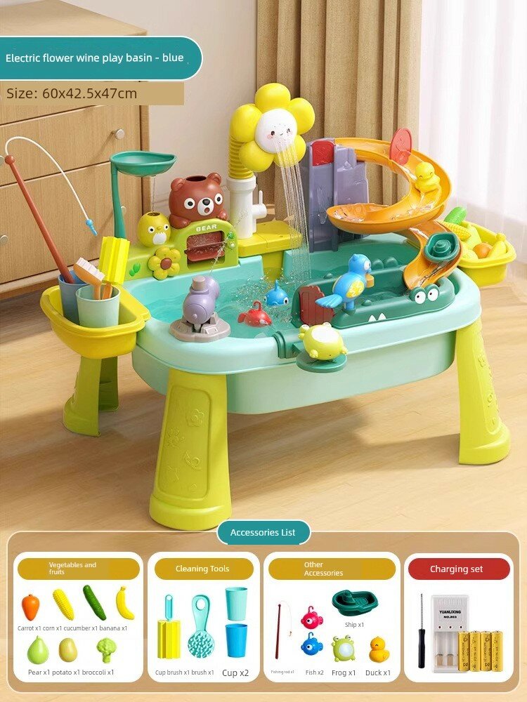 Зарядной игровой набор Солнечный цветок Водный парк для девочек 3-6 лет с мытьем посуды, ловлей рыбы и скольжением