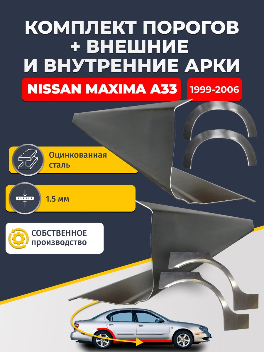 Комплект ремонтных задних внешних и внутренних арок (0,8 мм) + комплект стандартных ремонтных порогов , на Nissan Maxima A33 1999-2006 (Ниссан Максима А33) Оцинкованная сталь 1.5 мм