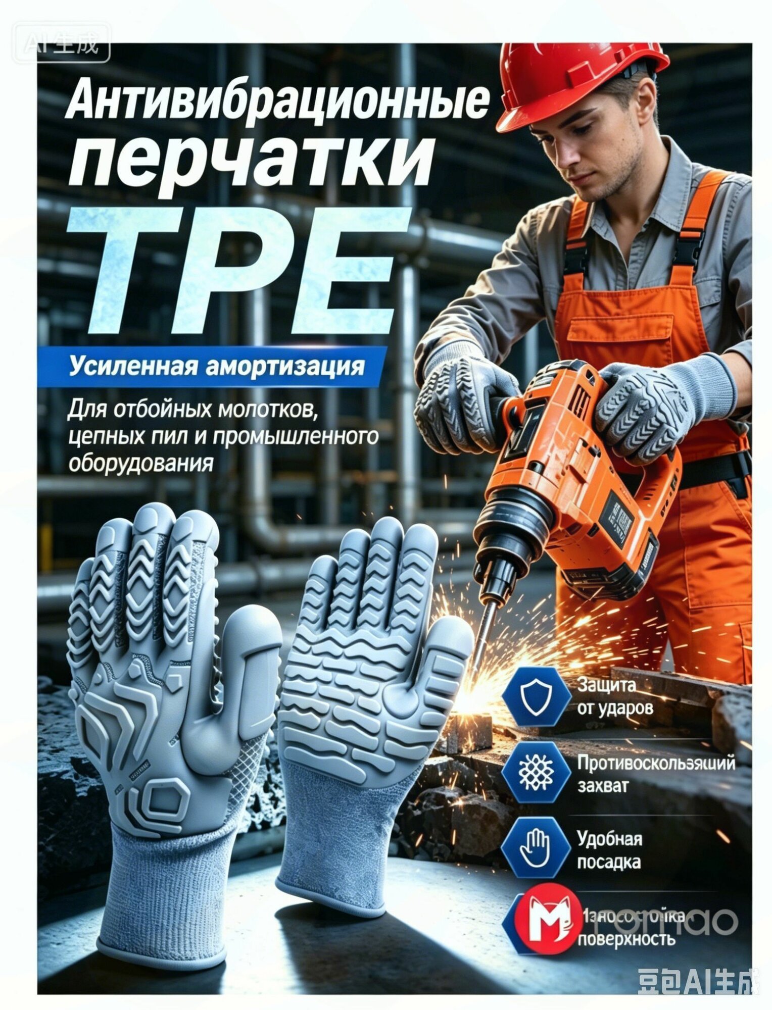 Антивибрационные перчатки TPE с усиленной амортизацией для отбойного молотка, бензопилы и промышленного обор