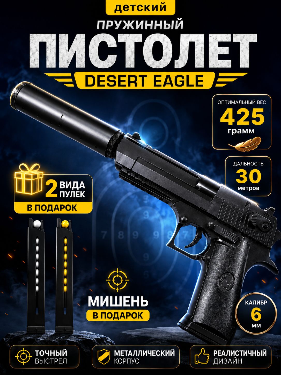 Пистолет с пульками. Детский спринговый металлический Desert Eagle с пульками 6мм и глушителем, Цвет Черный, для