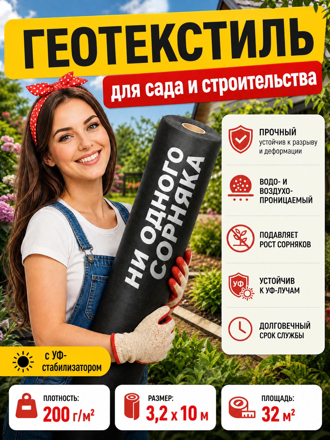 Геотекстиль садовый от сорняков строительный для дорожек 200 гр/м2, размер 3,2x10 м