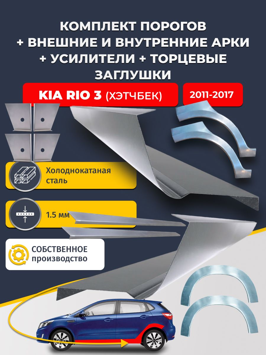 Комплект ремонтных задних внешних и внутренних арок (0,8 мм) + комплект порогов + 4 торцевые заглушки + усилители, на KIA RIO 3 2011-2017 Х/Б 5 дв. (КИА РИО 3) Холоднокатаная сталь 1.5 мм