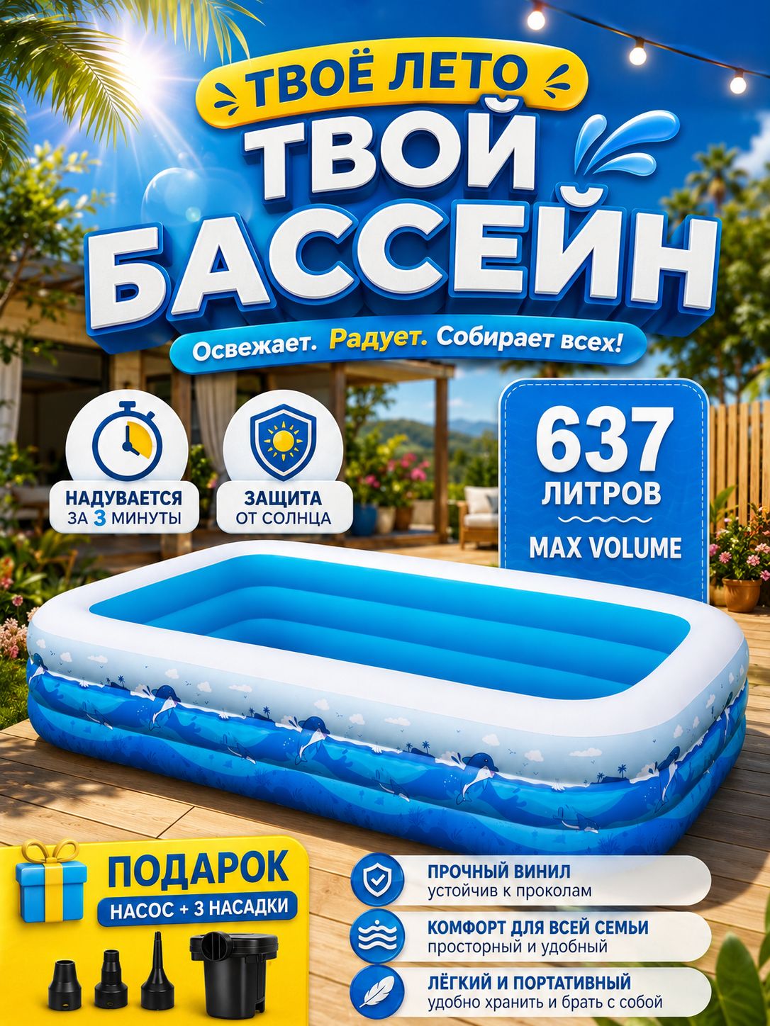 Надувной семейный бассейн 200х122х52 см, летний бассейн для взрослых и детей