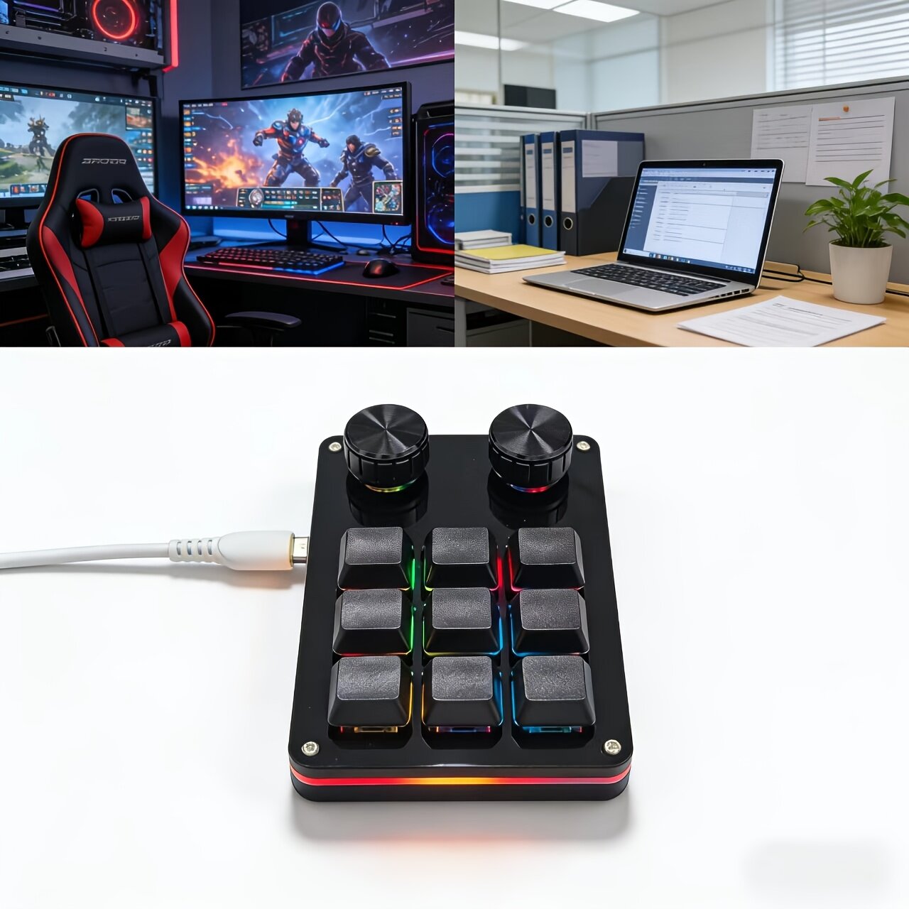 Эргономичная механическая клавиатура на 9 клавиш с RGB-подсветкой, макроклавишами и мультимедийным управлением, компактная портативная модель с питанием от USB, цвет черный