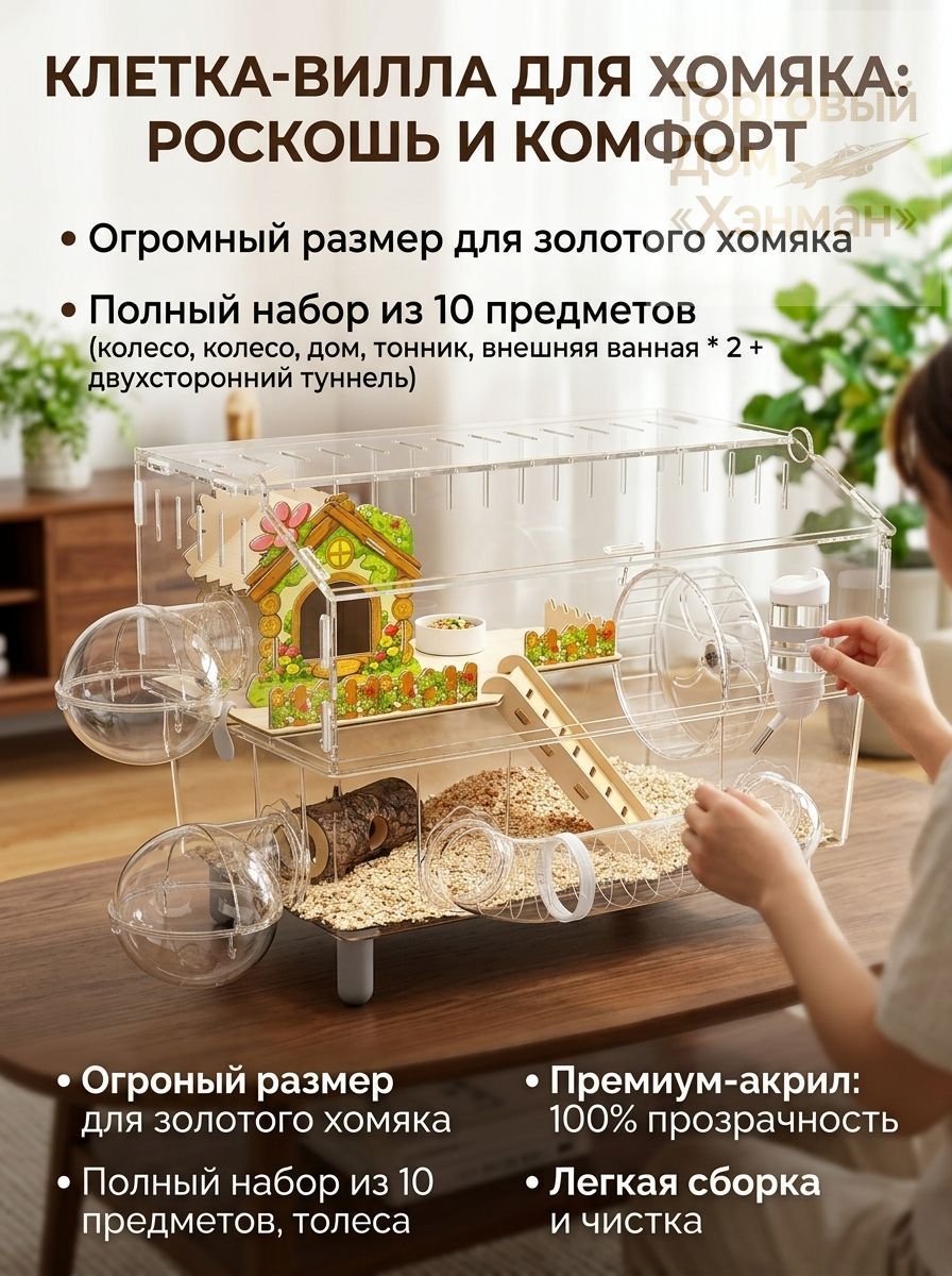 Большой прозрачный акриловый домик-клетка для сирийского хомяка
