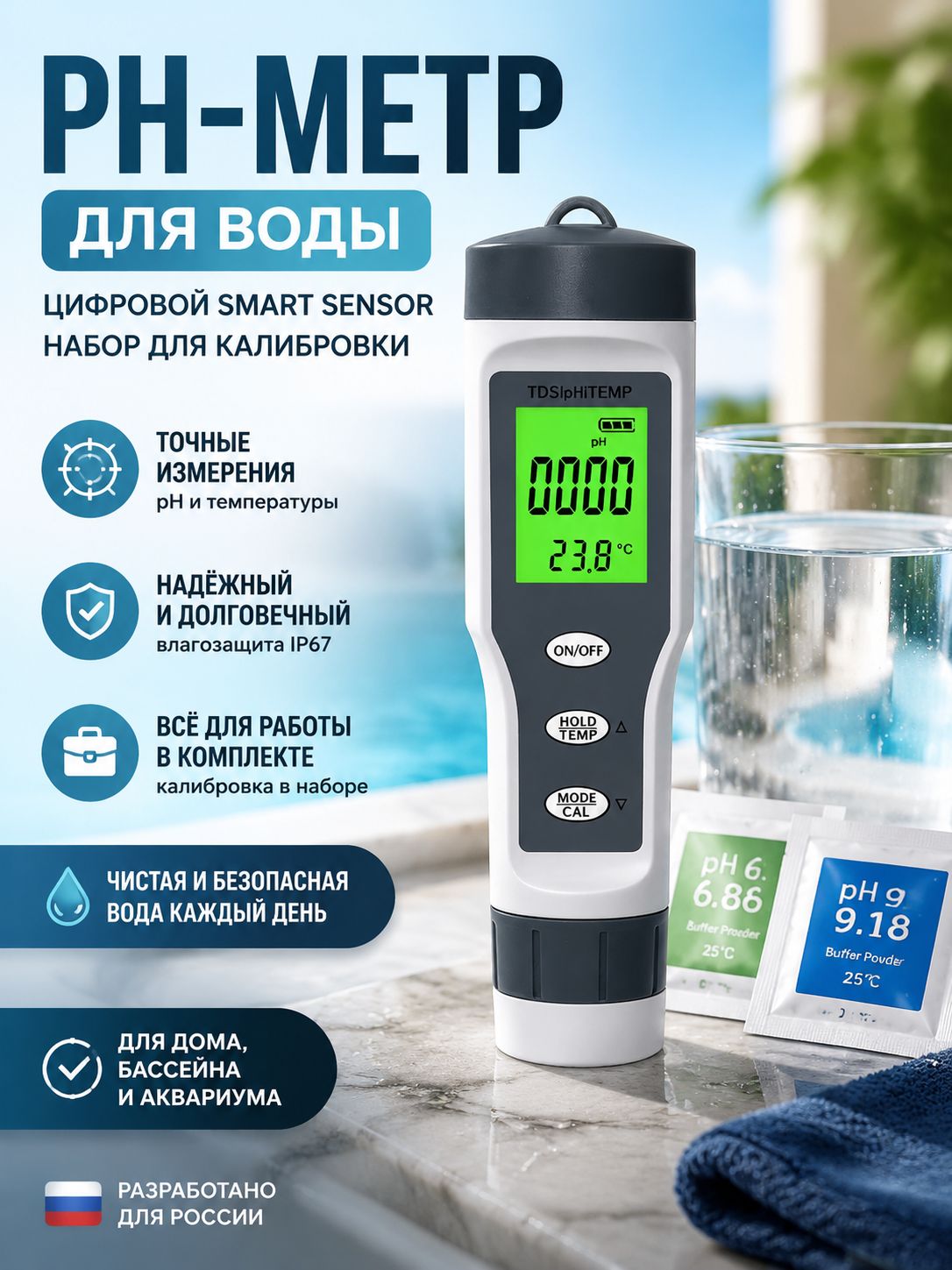 PH-метр Smart Sensor PH818, цифровой измеритель pH и температуры воды с ЖК-дисплеем и набором для калибровки