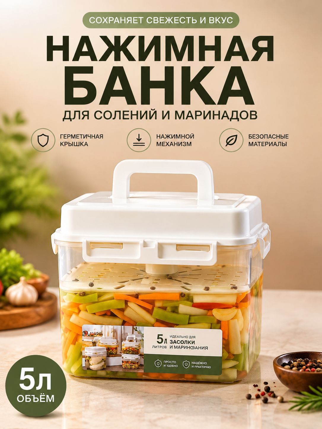 Банка для маринования 5 литров, с герметичной крышкой и прижимным диском, для кимчи и солений