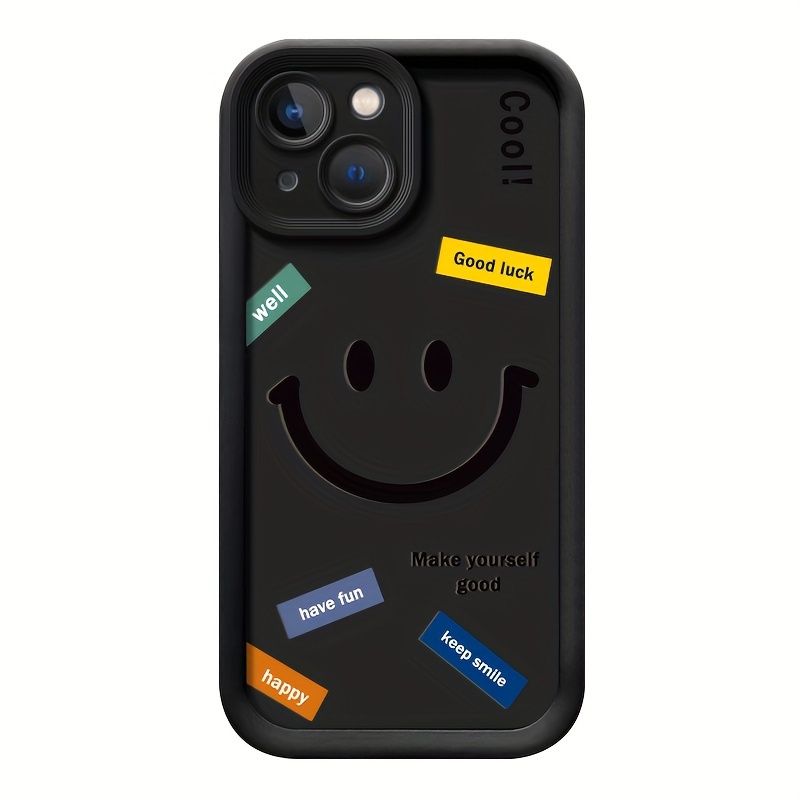 Чехол на Айфон 16 Про Макс / iPhone 16 Pro Max чёрный с принтом Улыбка и цветные этикетки силиконовый противоударный