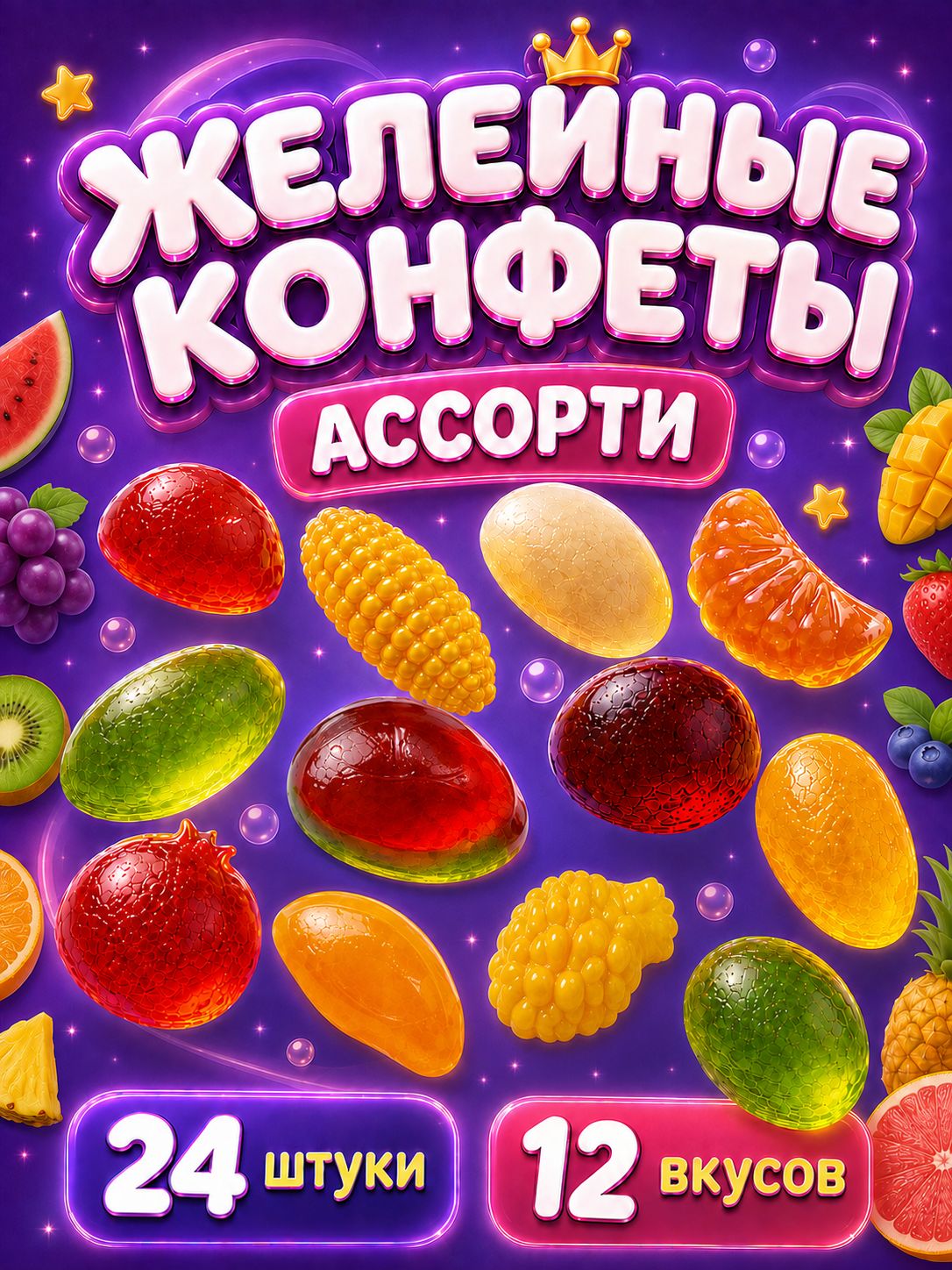 Конфеты китайские желейные мармеладные ассорти 12 вкусов