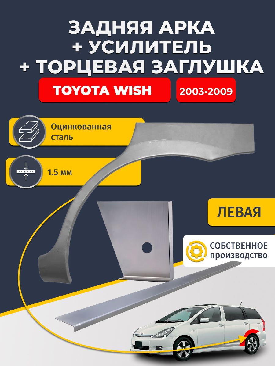 Левая ремонтная задняя арка (0,8 мм) + торцевая заглушка (1,5 мм) + усилитель (1,5 мм) на Toyota Wish 2003-2009 минивэн (Тойота Виш 1). Оцинкованная сталь