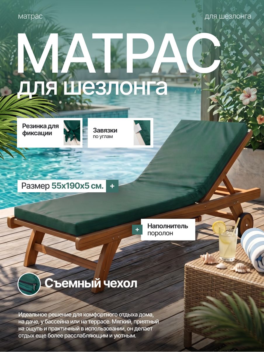 Матрас поролоновый IVNETEX для шезлонга, лежака и качелей c завязками и резинкой для крепления на садовой мебели 55х190х5 см