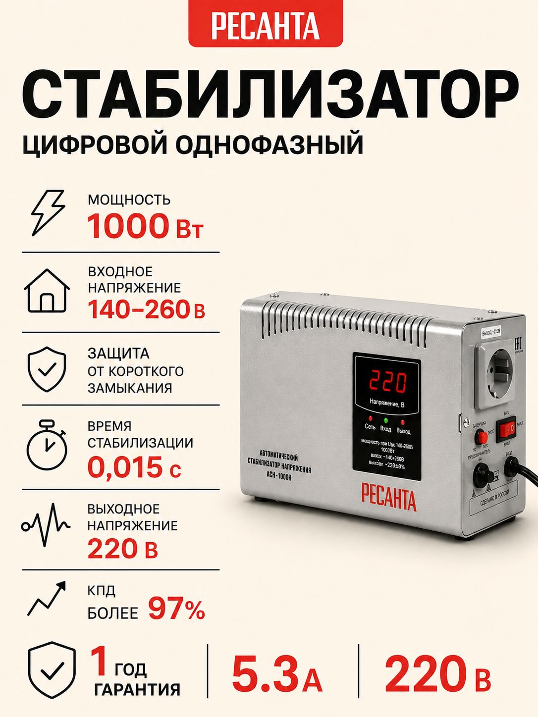 Стабилизатор напряжения 220В 1000 Вт АСН-1000 Н Ресанта; 1кВт