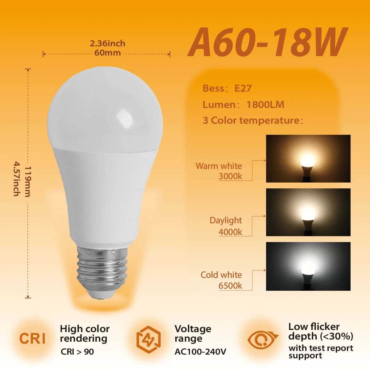 Gatetop светодиодные лампы E14 E27 GU10 CRI90+ 18W A60, Warm white 3000K, 2PCS