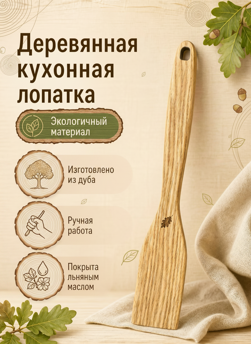 Деревянная кухонная лопатка из дуба, сделано в России, ручная работа