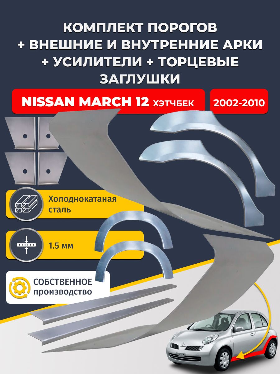 Комплект ремонтных задних внешних и внутренних арок (0,8 мм) + комплект порогов + 4 торцевые заглушки + усилители, на Nissan March K12 2002-2010 хэтчбек 5 дв (Марч 3) Холоднокатаная сталь 1.5 мм